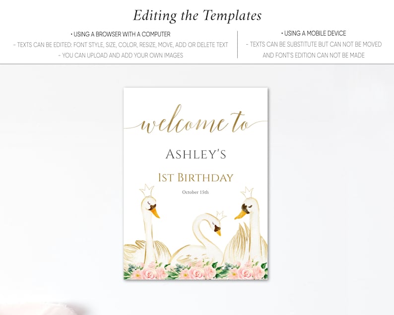 Swan Birthday Welcome Sign Printable Swan 1st Birthday | Etsy