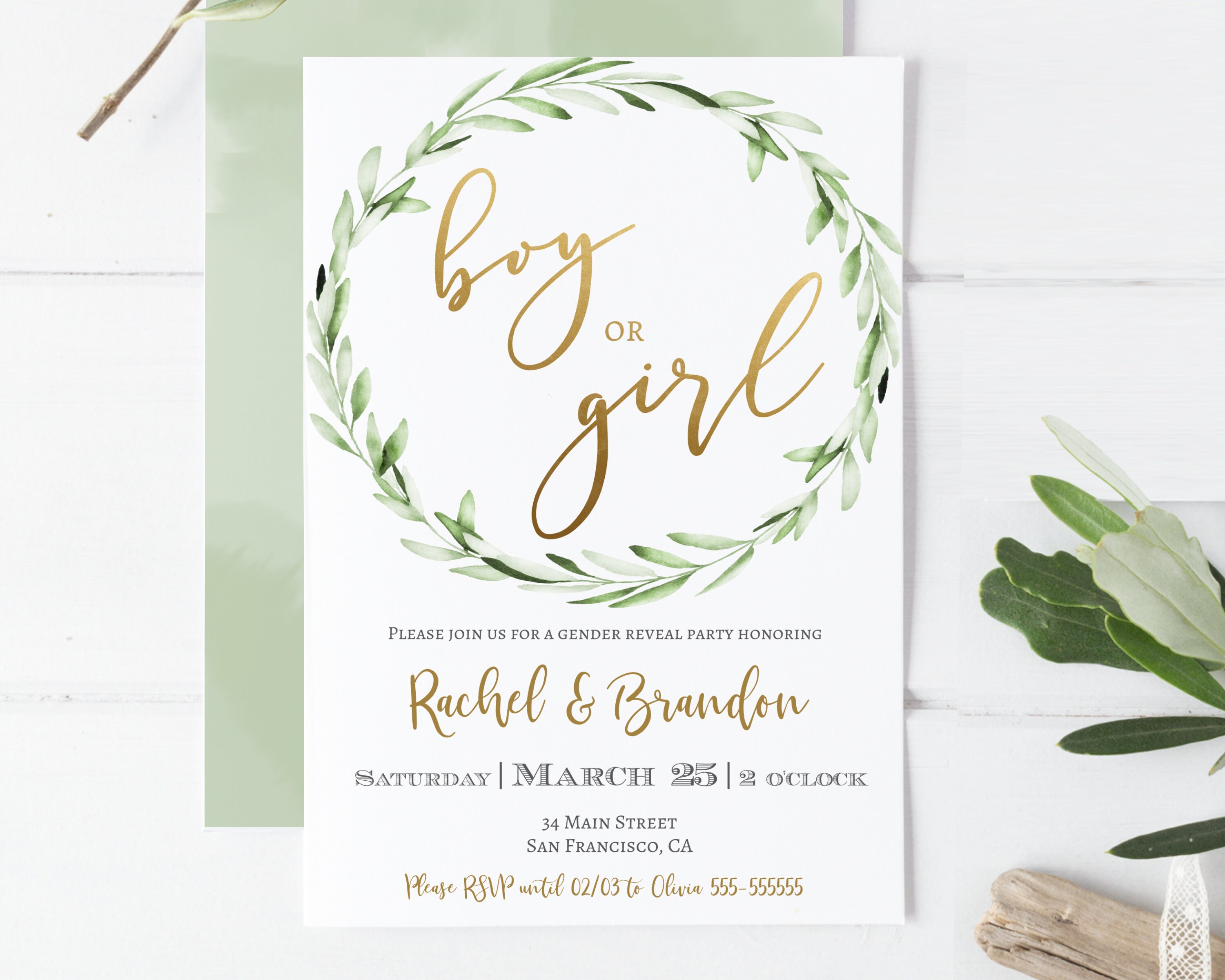 Greenery Gender Reveal Invitation Printable Baby Editable Template ...