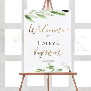 Baptism Welcome Sign, Printable Sign, Greenery Olive Watercolor Leaves ...