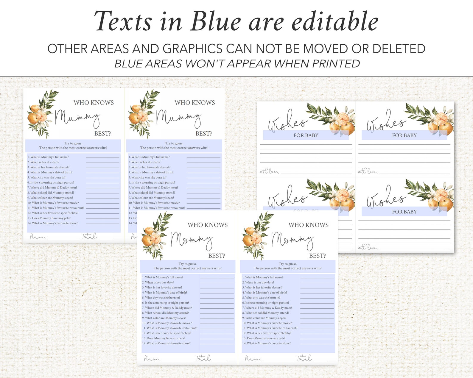 Citrus Baby Shower Games Bundle Printable Set Editable Vintage Orange ...