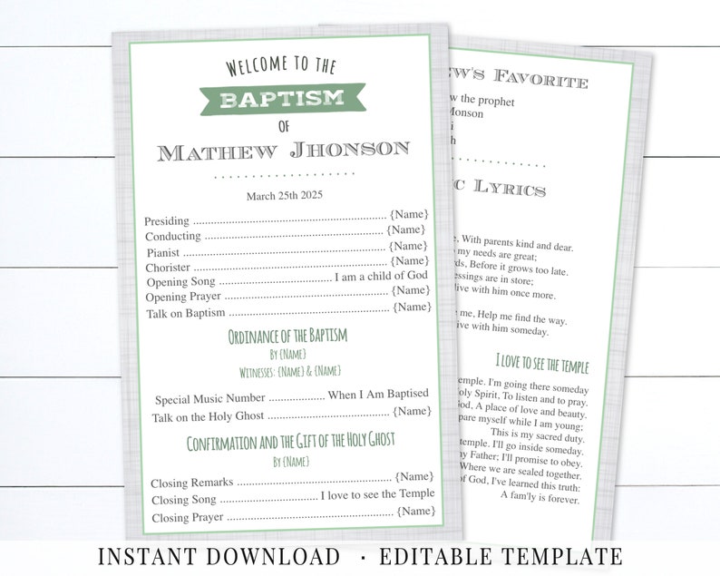 Boy Baptism Program: Green Grey, Editable Template (digital Download ...