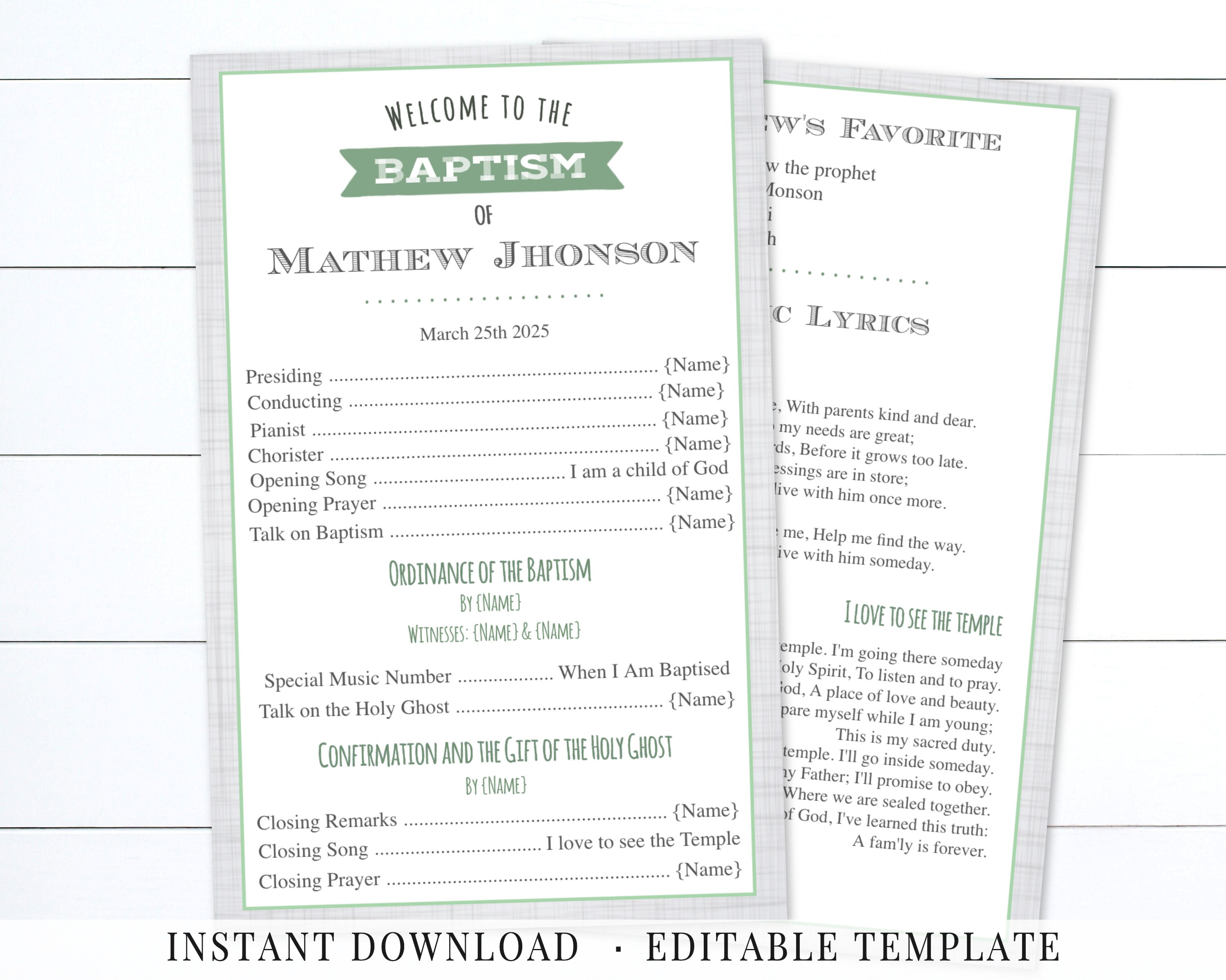 LDS Baptism Program Boy Printable Program CRT Green Grey | Etsy