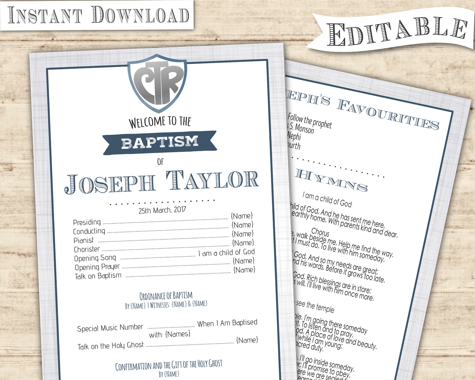 LDS Boy Baptism Program Printable Program CTR Grey Navy - Etsy