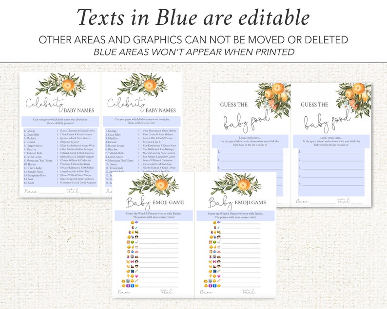 Citrus Baby Shower Games Bundle Printable Set Editable Vintage - Etsy