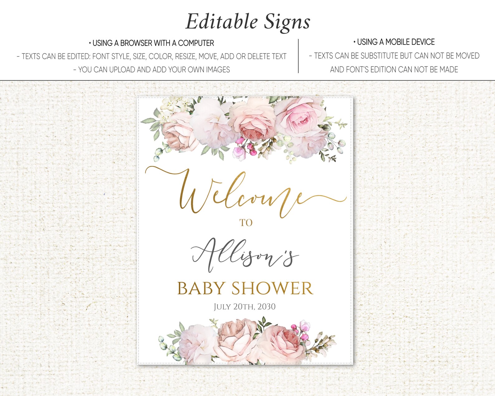 Girl Welcome Sign Baby Shower Printable Romantic Floral Blush - Etsy