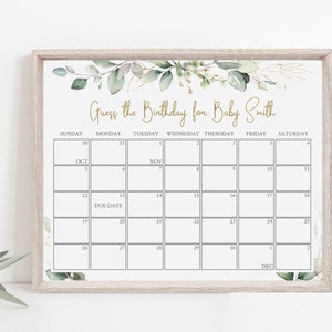 Greenery Baby Due Date Calendar Game: Eucalyptus (editable Template ...