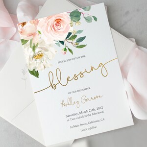 Blessing Invitation Printable LDS Girl Blessing Invite Blush Floral ...