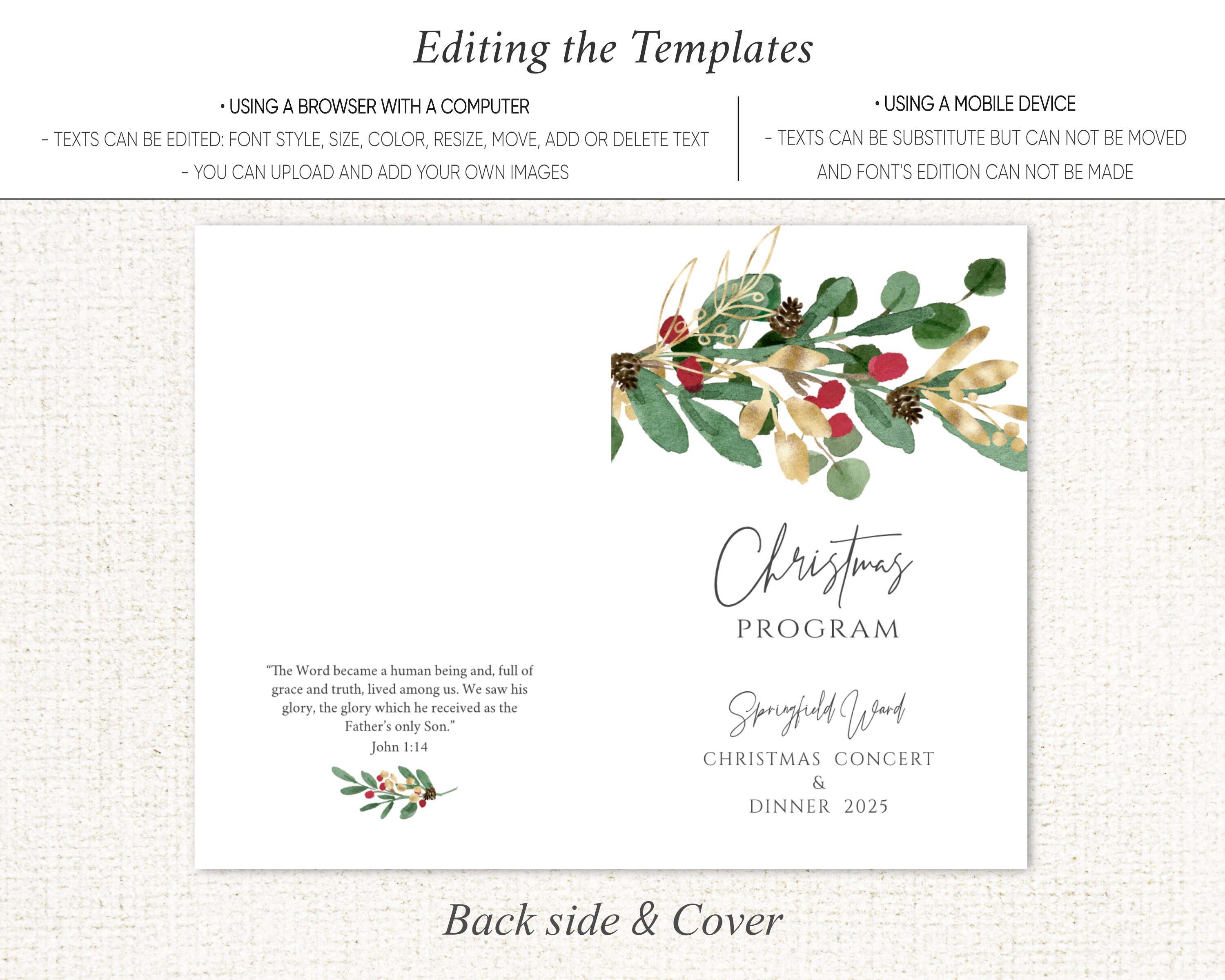 Christmas Program Editable Template, Christmas Greenery Foliage Leaves ...