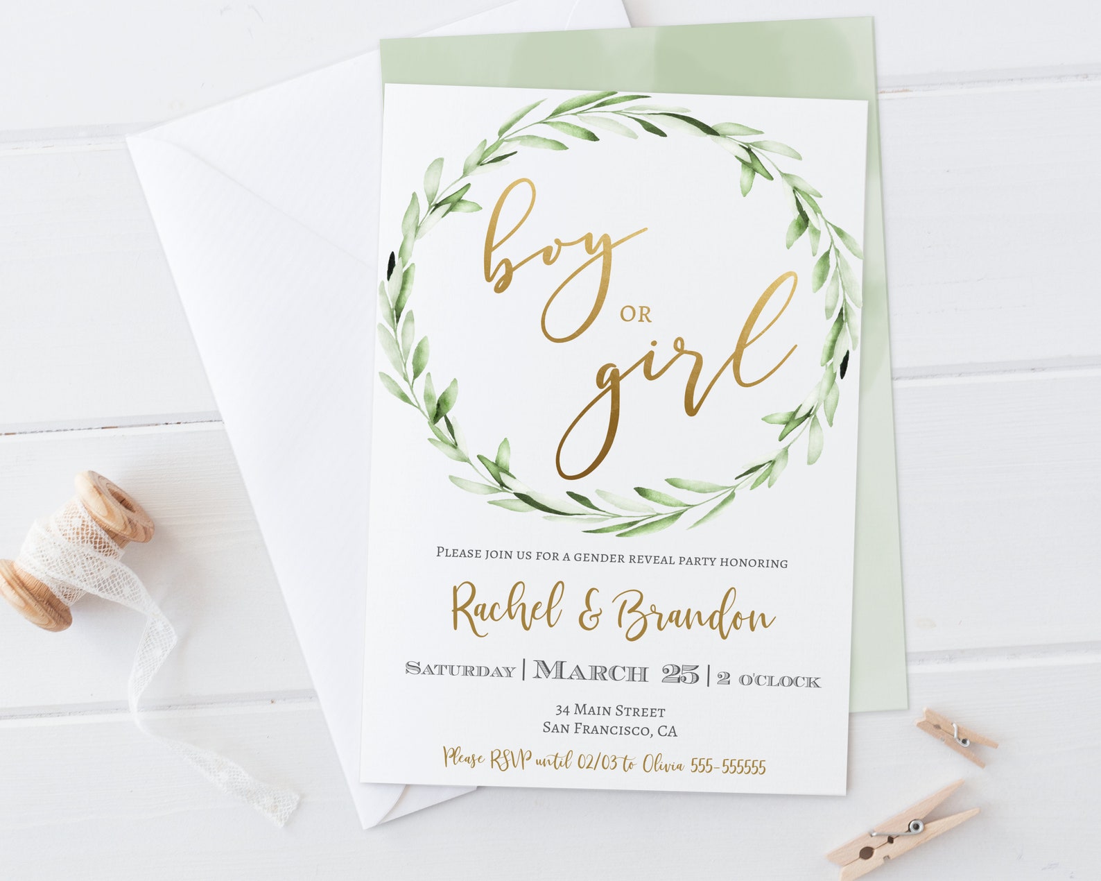 Greenery Gender Reveal Invitation Printable Baby Editable Template ...