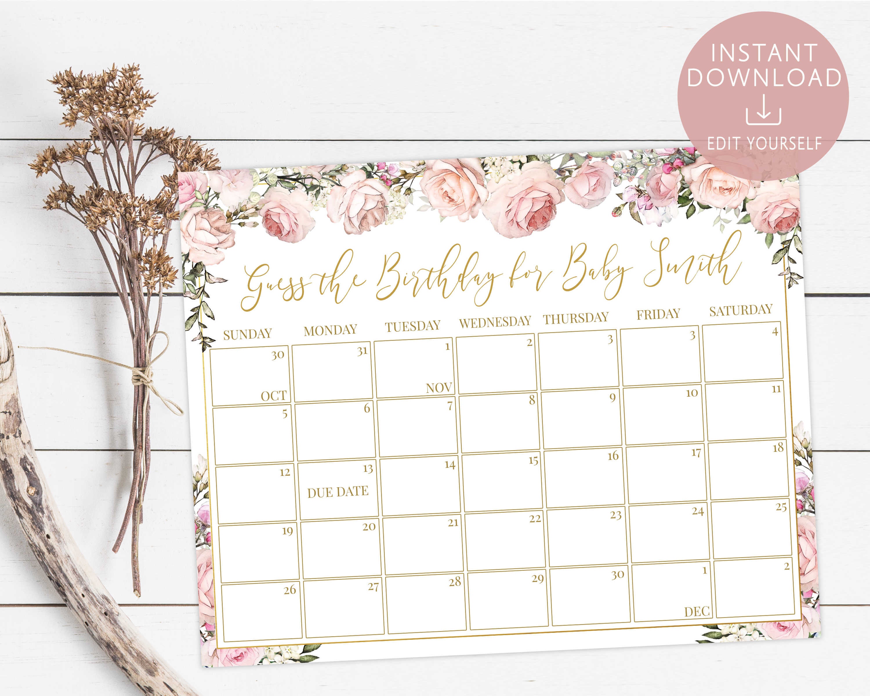 BABY DUE DATE Calendar Printable Game Guess Baby Birthday | Etsy