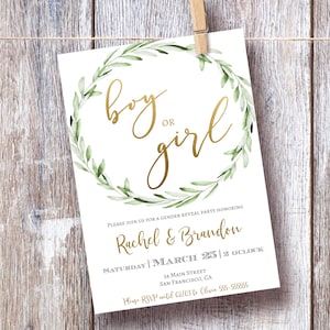 Greenery Gender Reveal Invitation Printable Baby Editable Template ...