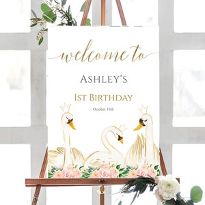 Swan Birthday Welcome Sign, Printable, Swan 1st Birthday Poster, Girl ...