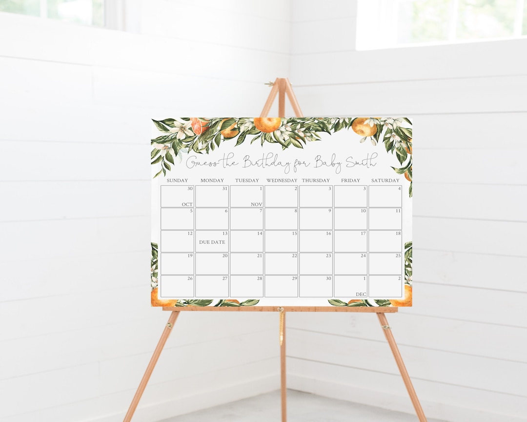Citrus Baby Due Date Calendar: Guess Birthday Game (editable Template ...