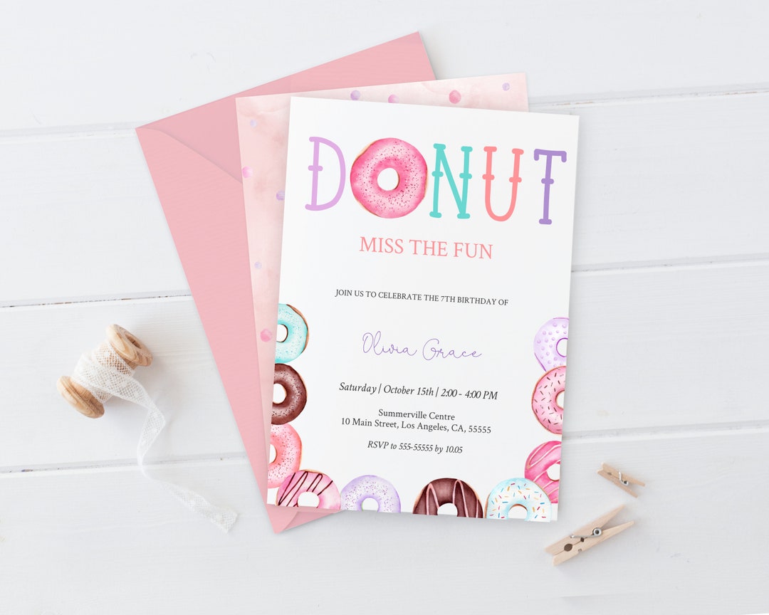 Donuts Birthday Invitation: Watercolor Donut Party, Editable Template ...