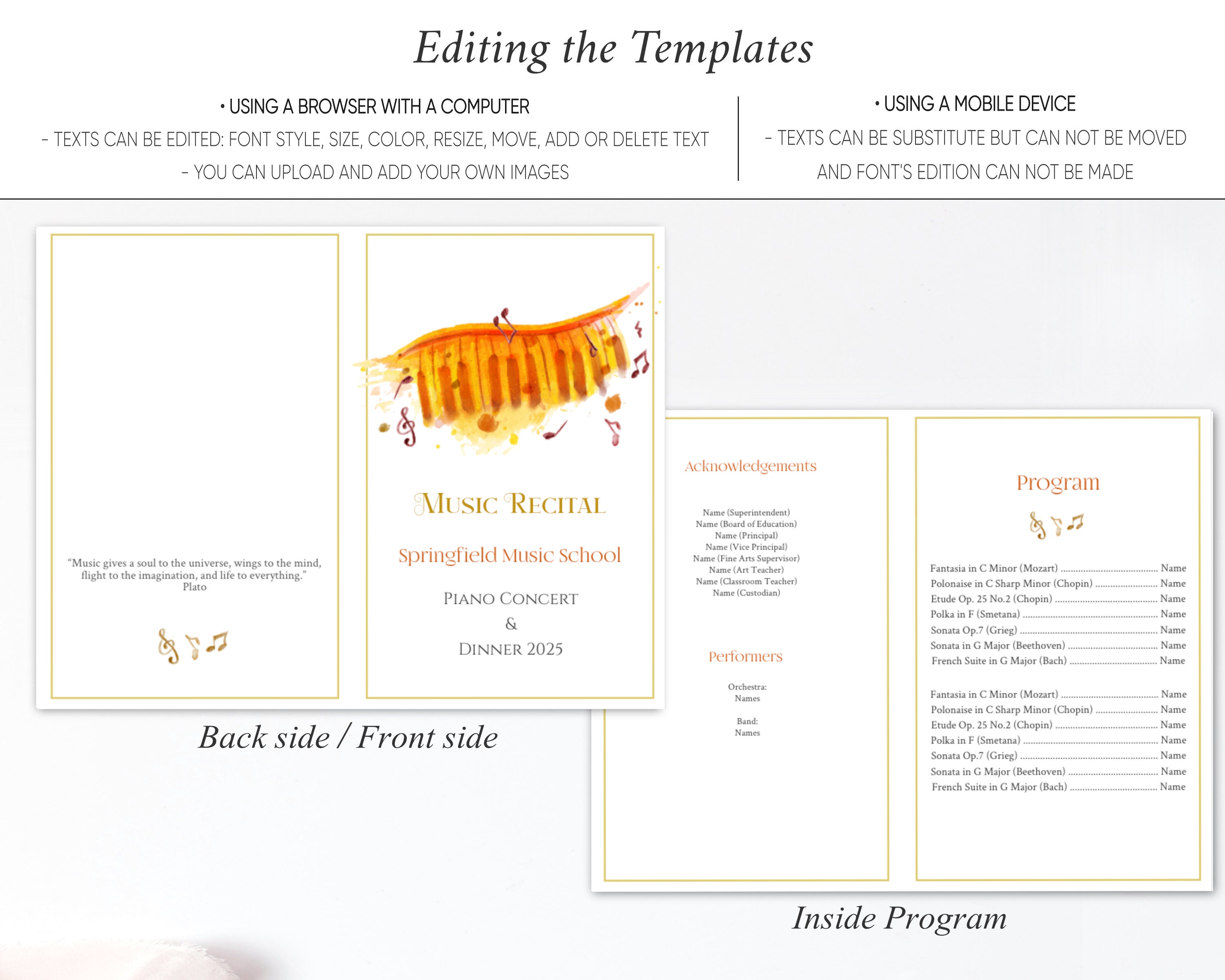 Watercolor Music Recital Program Template: Piano Concert (printable ...