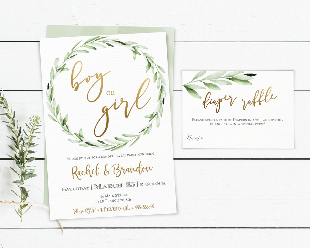 Invitación de revelación de género de baby shower Greenery rifa de ...