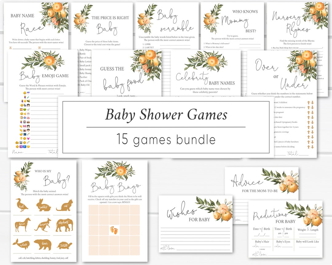 Citrus Baby Shower Games Bundle Printable Set Editable Vintage Orange ...