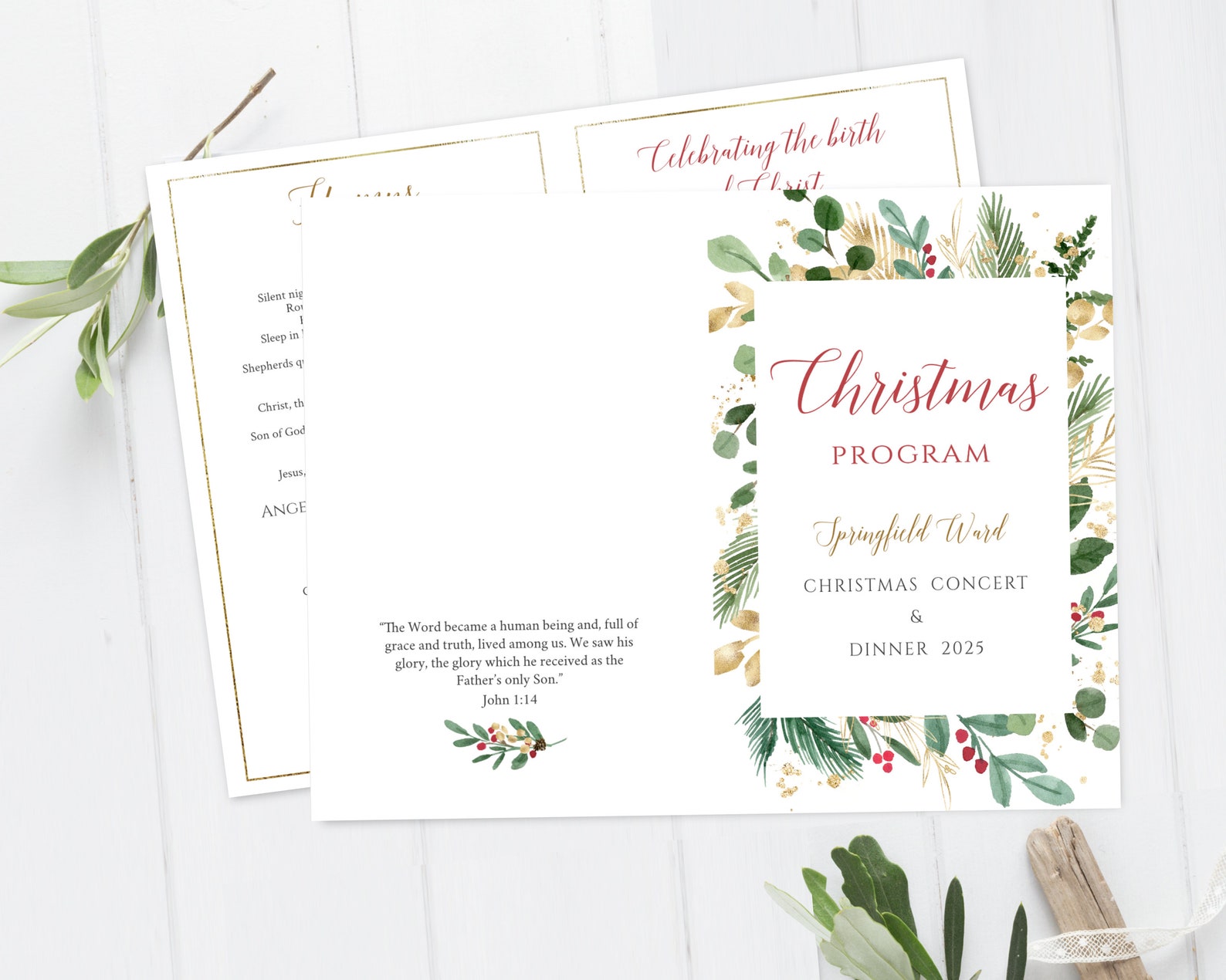 Watercolor Christmas Program Template: Greenery Foliage (digital ...