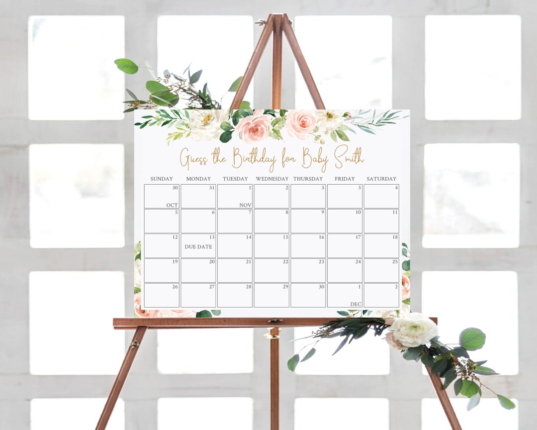 Baby Due Date Calendar Game: Blush Floral, Editable Template (digital ...