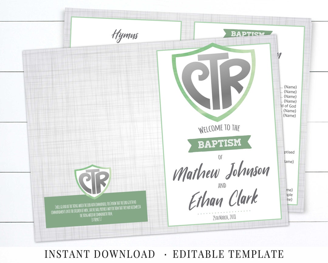 CTR Baptism Program Printable: Green Grey Editable Template (PDF) - Etsy