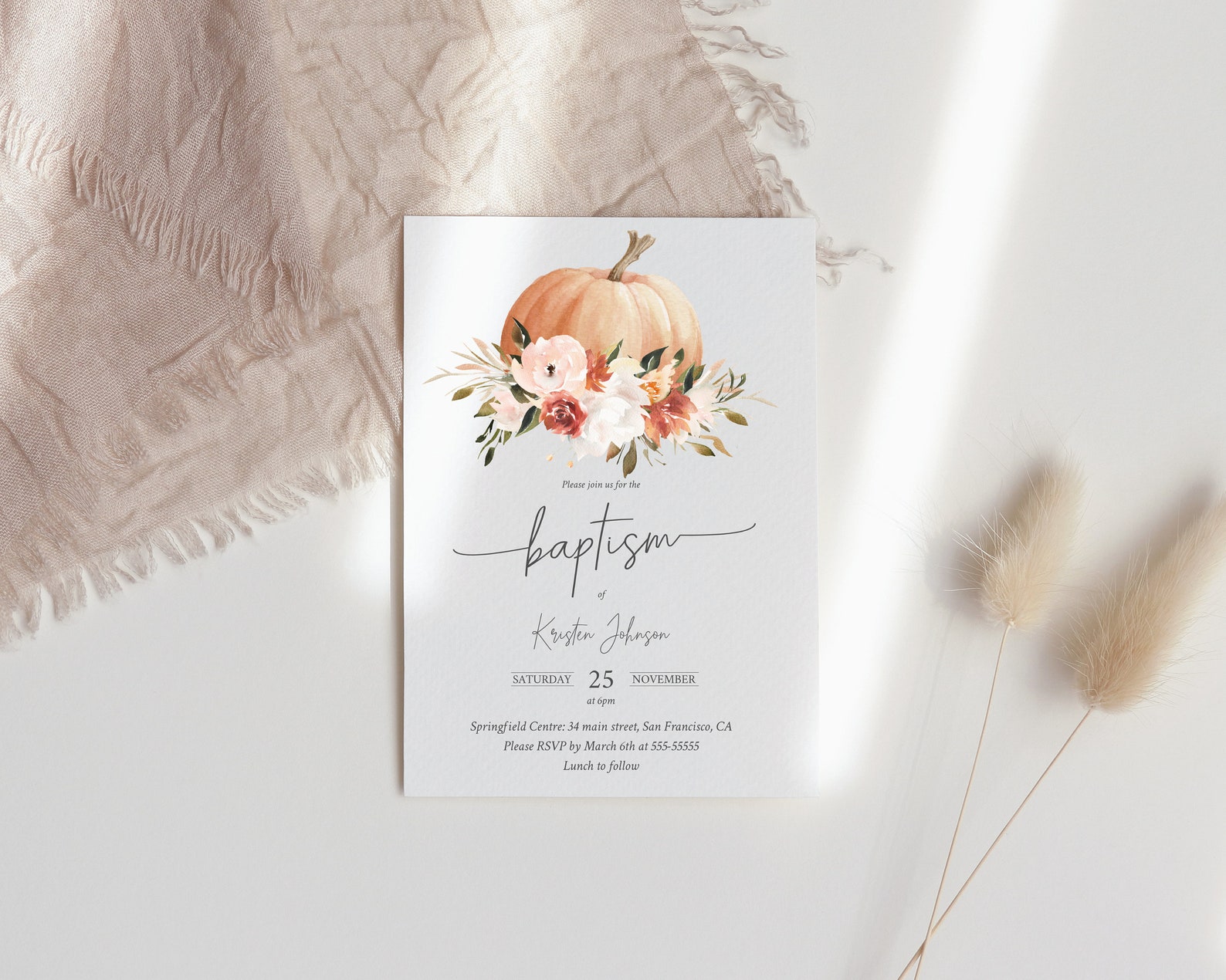 Pumpkin Baptism Invitation Fall Baptism Invite Printable - Etsy