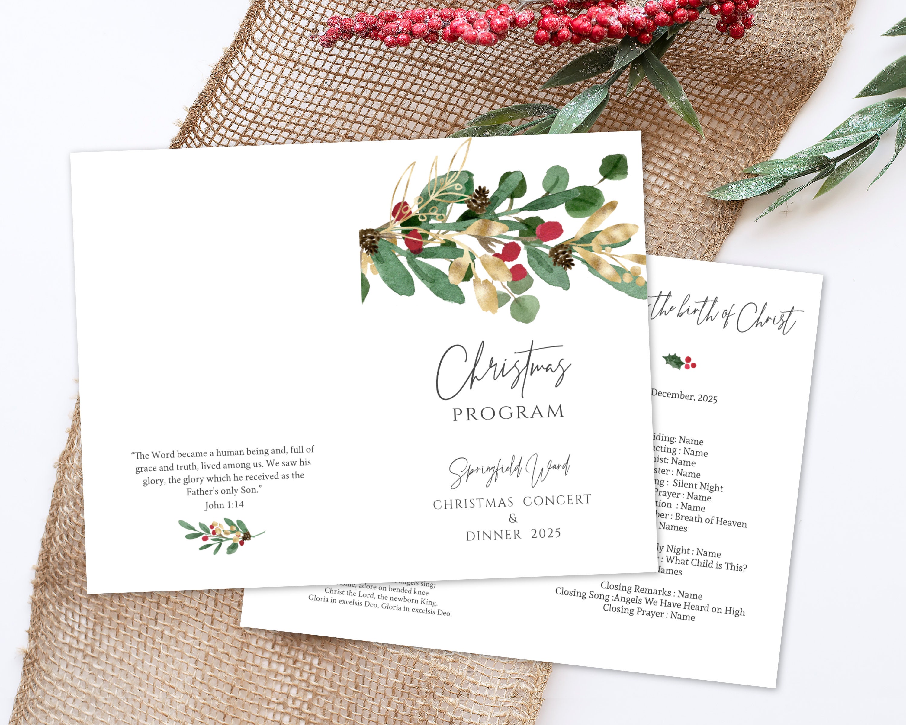 Christmas Program Editable Template, Christmas Greenery Foliage Leaves ...