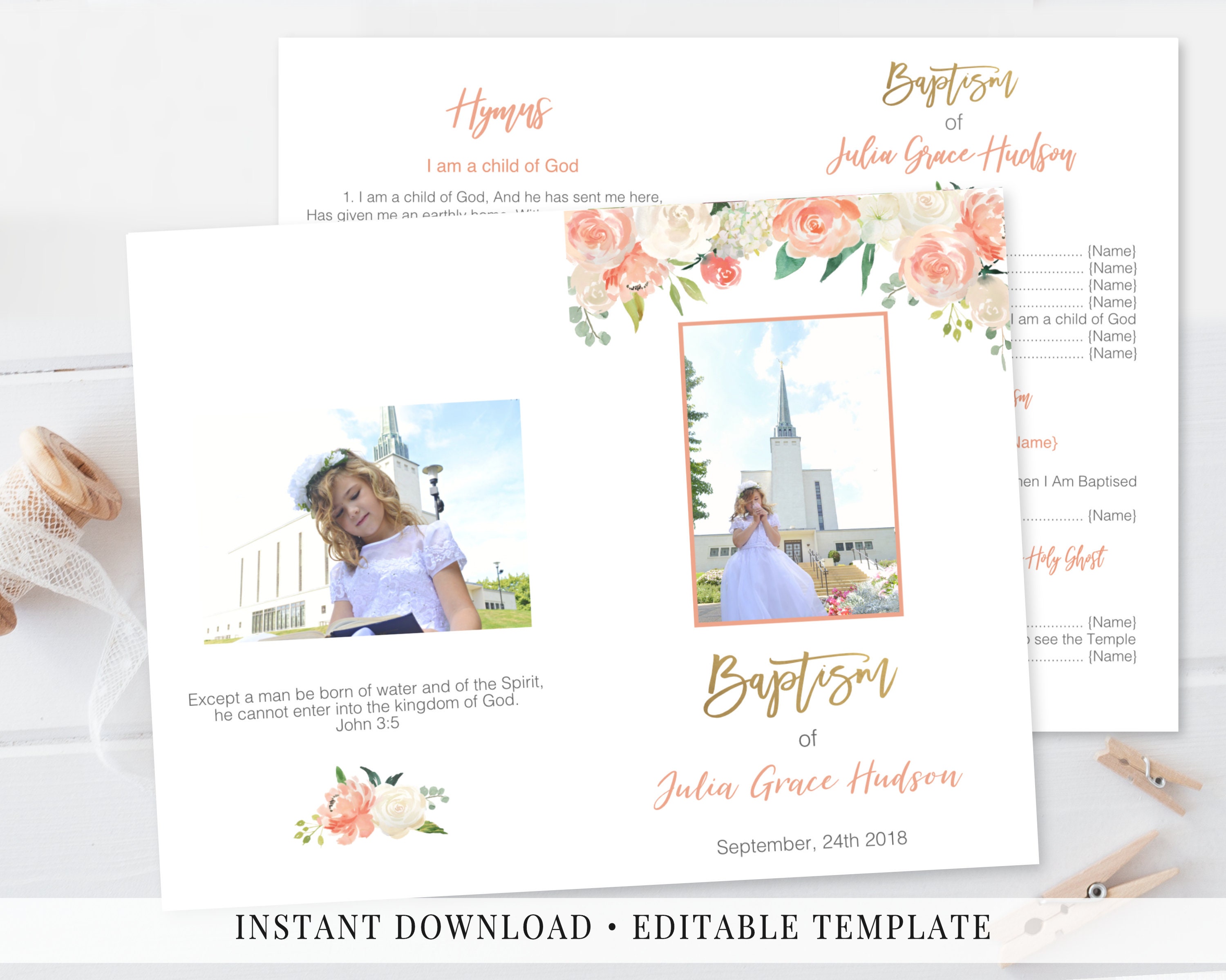 LDS Baptism Program Printable with photo picture Girl | Etsy