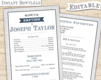 LDS Baptism Program Boy, Printable Program, CRT Green Grey, Boy Baptism Program, Editable ...
