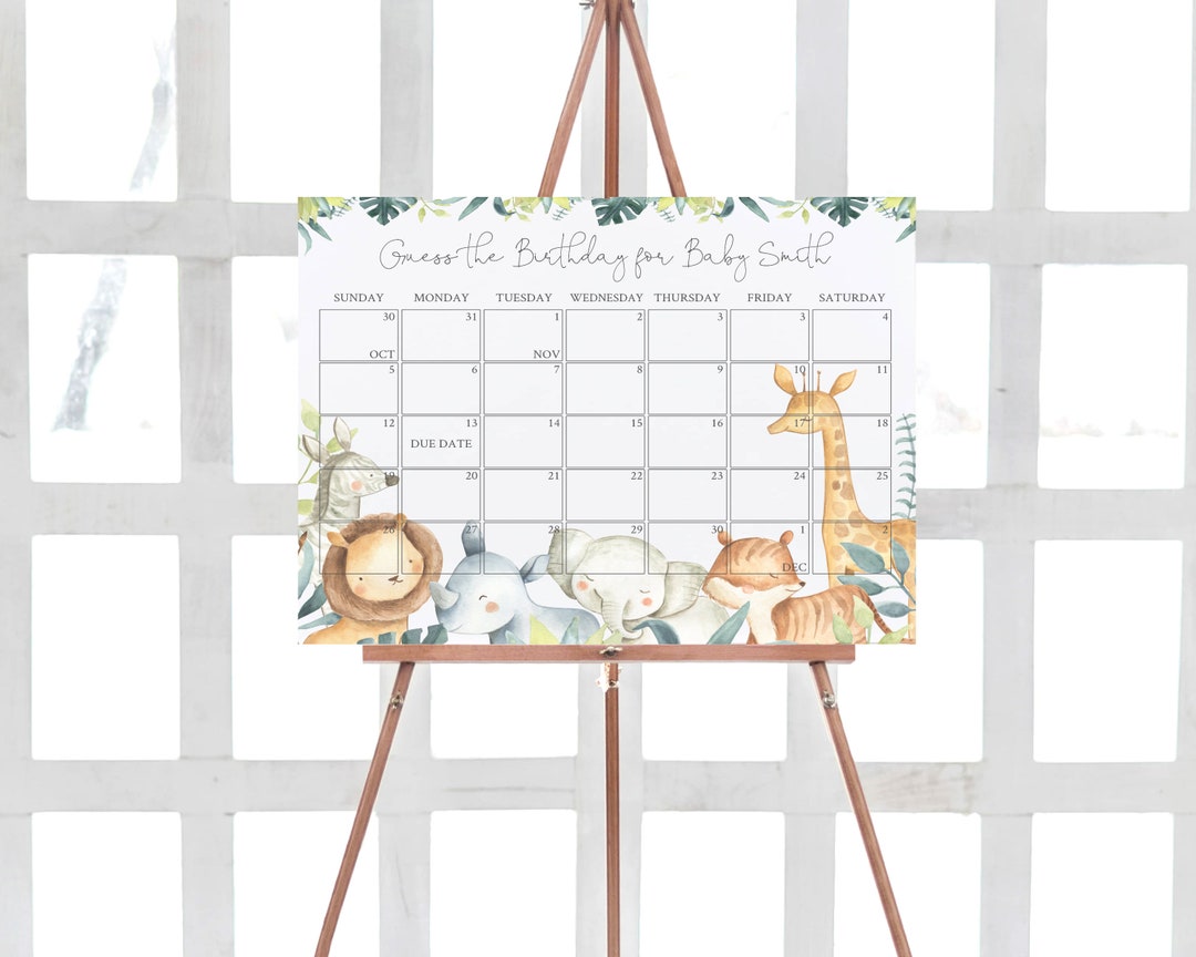 Safari Animals Baby Due Date Calendar: Jungle Theme (editable Template ...