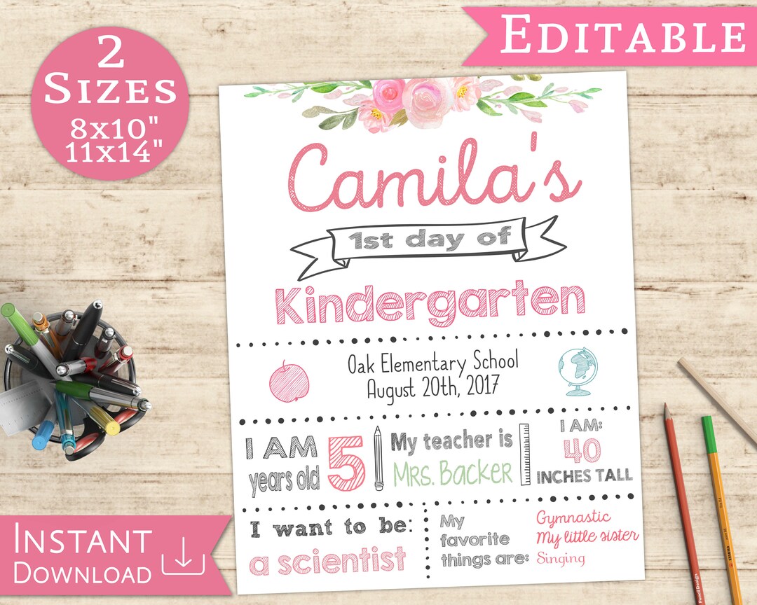 First Day of School Sign: Pink Floral Whiteboard, Editable Template ...