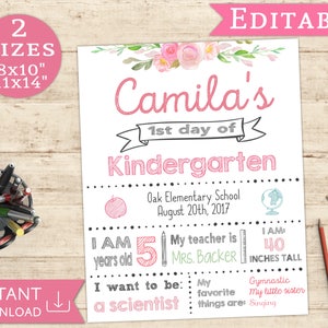 First Day of School Sign: Pink Floral Whiteboard, Editable Template ...