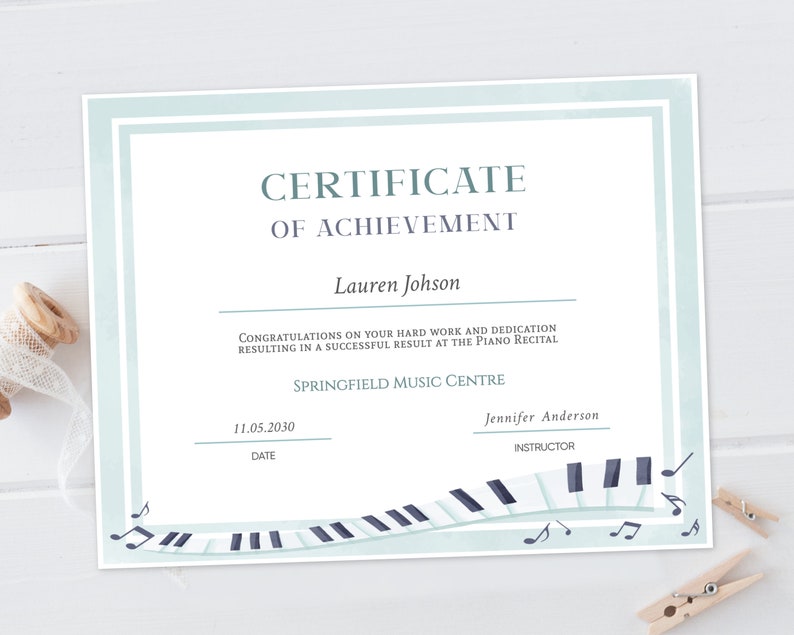 Music Recital Certificate of Achievement: Watercolor Piano Design ...