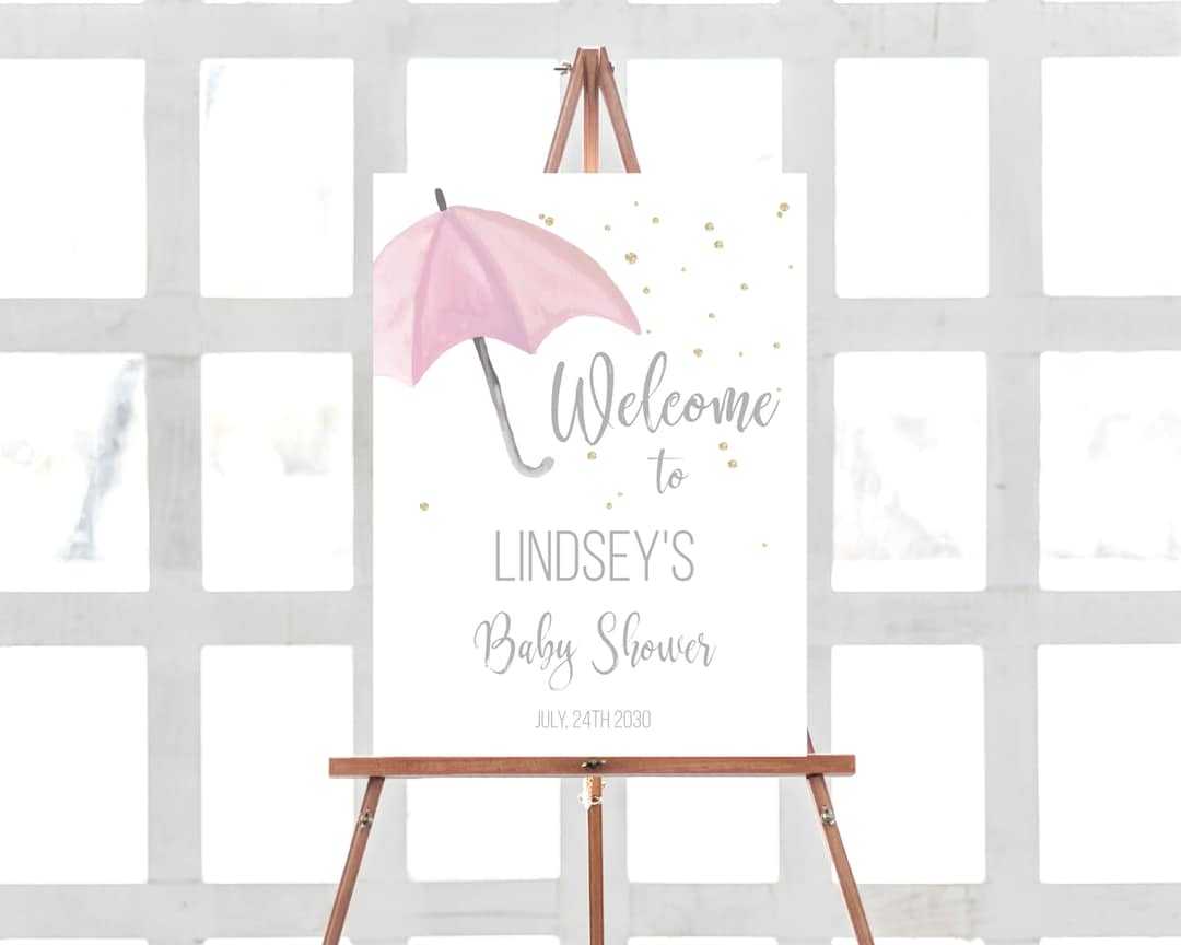 Pink Umbrella Baby Shower Welcome Sign: Gold Rain (editable Template ...