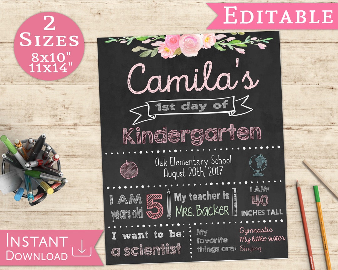First Day of School Editable Sign Chalkboard Girl Back to School 1st ...