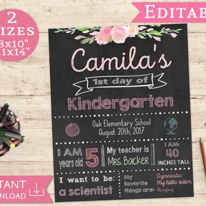 First Day of School Editable Sign Chalkboard Girl Back to School 1st ...