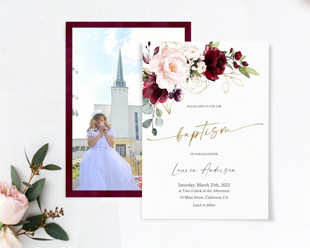 Baptism Invitation, LDS Invitation Printable, Baptism Invite, Burgundy ...