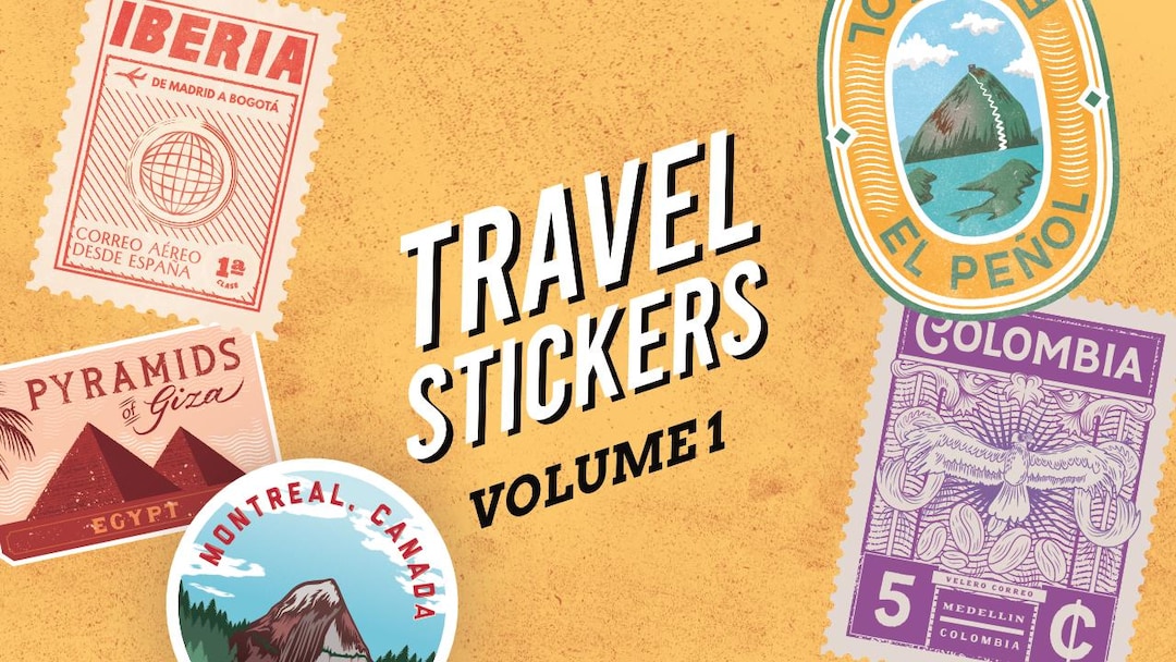 Vintage Travel Stickers Set – Hand-drawn Vinyl Destination Decals ...