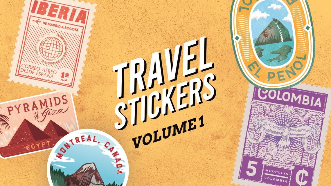 Vintage Travel Stickers Set – Hand-drawn Vinyl Destination Decals ...