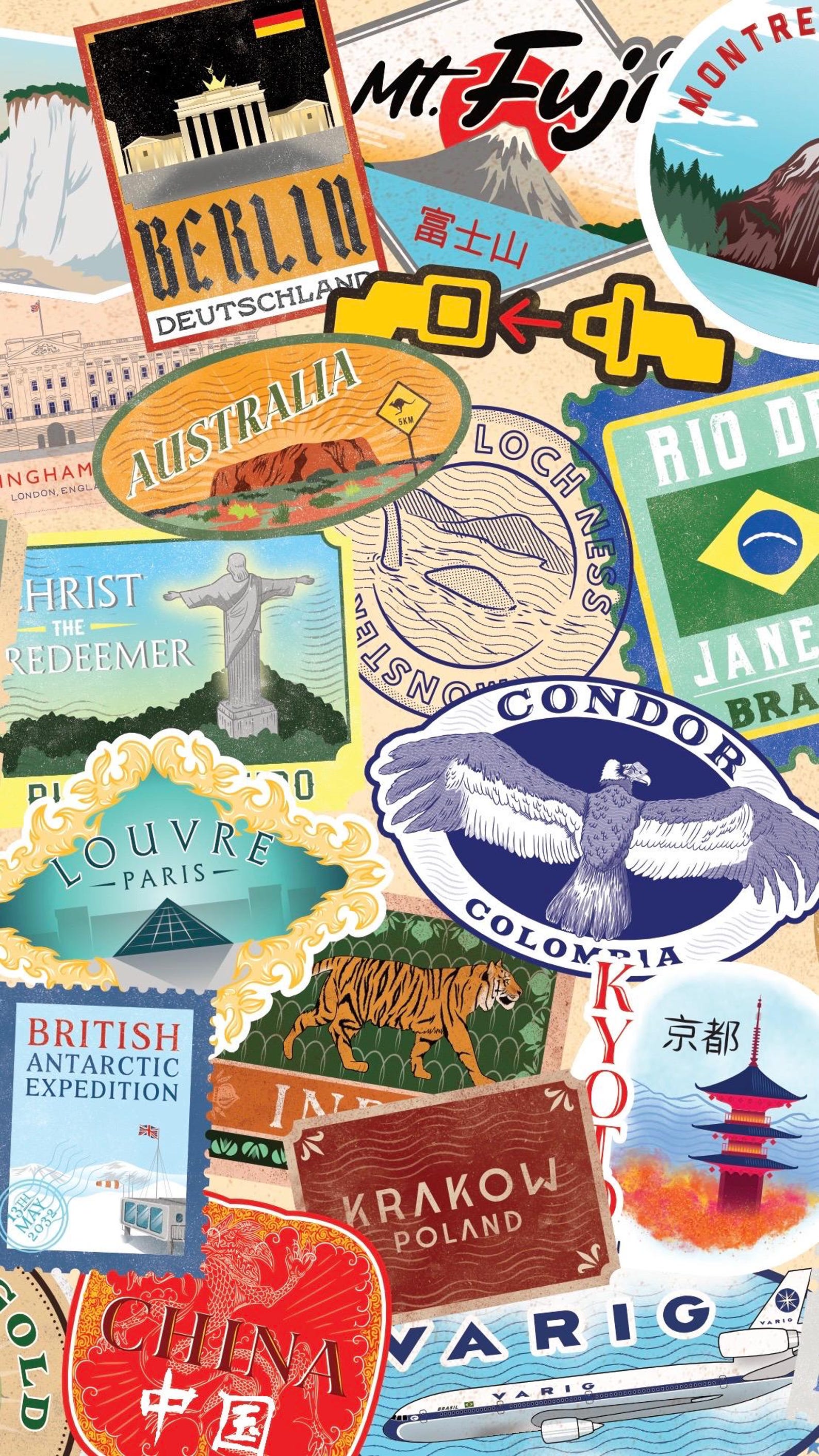 Vintage Travel Stickers Set – Hand-drawn Vinyl Destination Decals ...