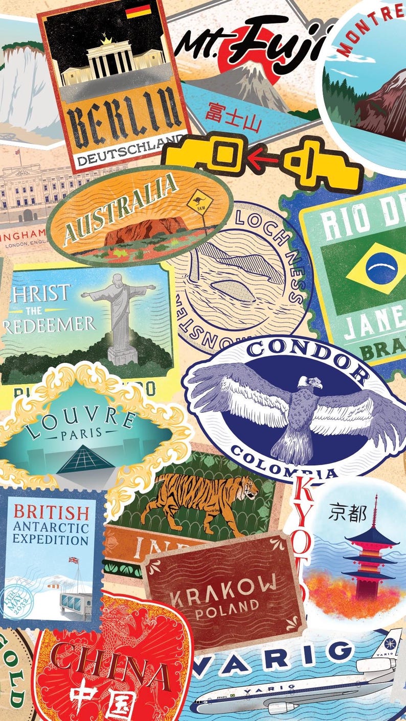 Vintage Travel Stickers Set – Hand-drawn Vinyl Destination Decals ...