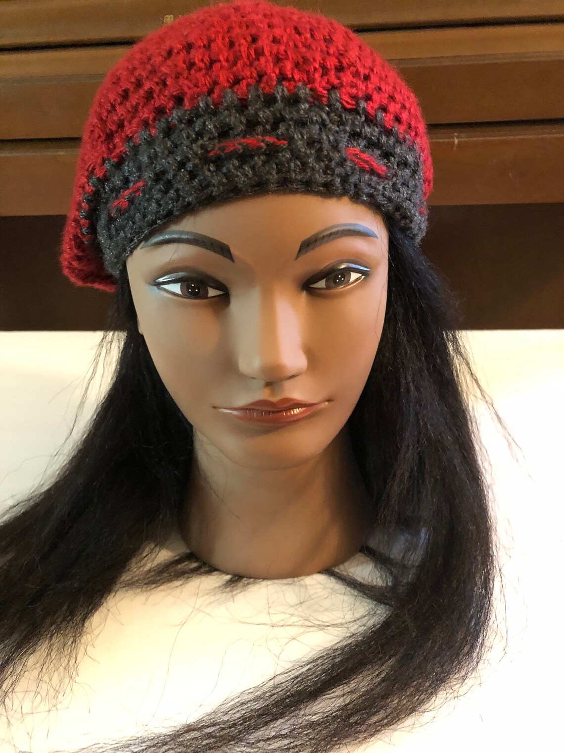 Crochet Tam with detachable drawstring grey and red Handmade | Etsy