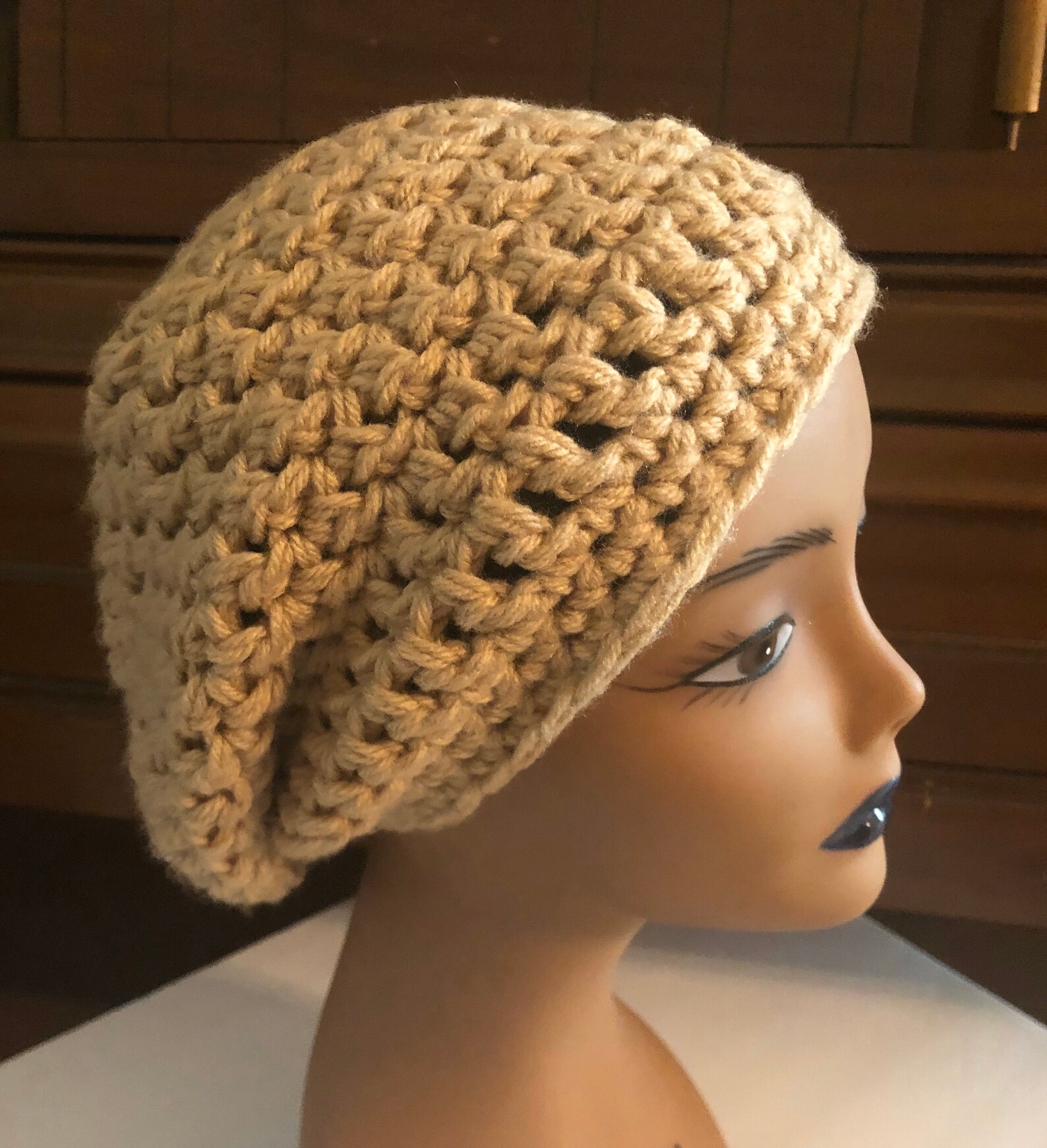 Satin Lined Slouchy Beanie, Chunkie Beret, Handmade Crochet Hat, Beige ...