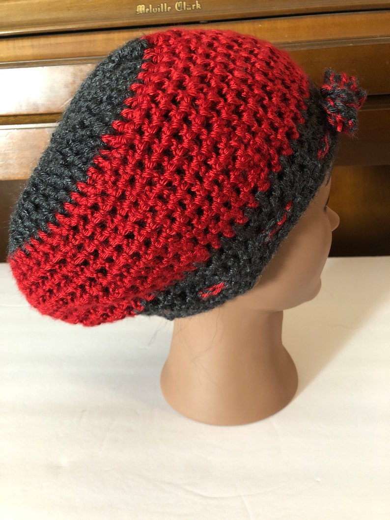 Crochet Tam with detachable drawstring grey and red Handmade | Etsy