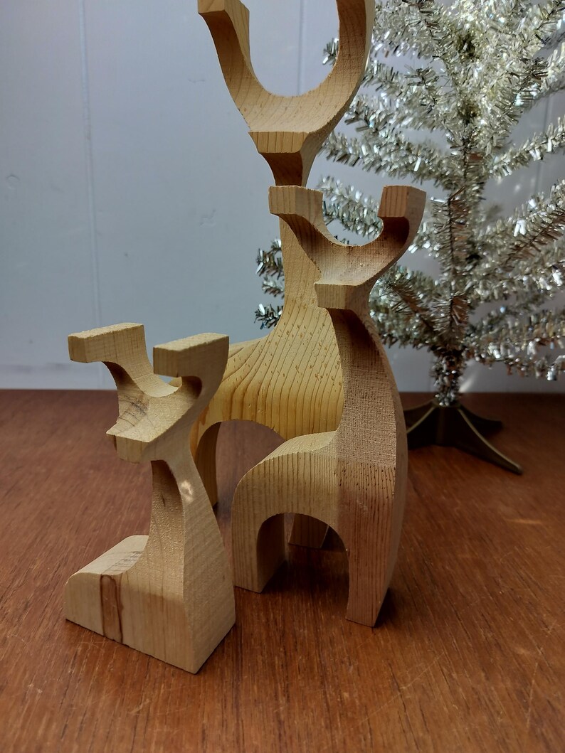Vintage MCM Natural Wood Deer Family Danish Modern Minimalist Christmas ...