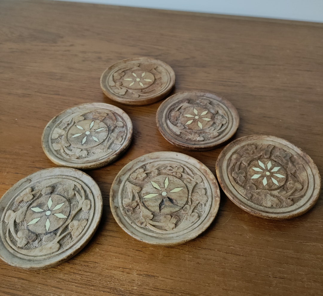 Hand Carved Wood Coasters W/ Inlay Made in INDIA Set of 6 - Etsy