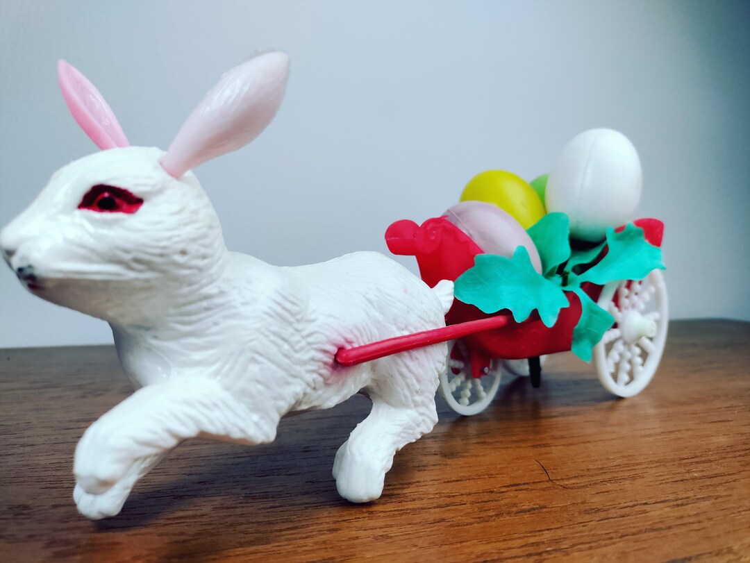 Vintage 50's Plastic Blow Mold Bunny Rabbit Pulling Egg Cart Hong Kong ...