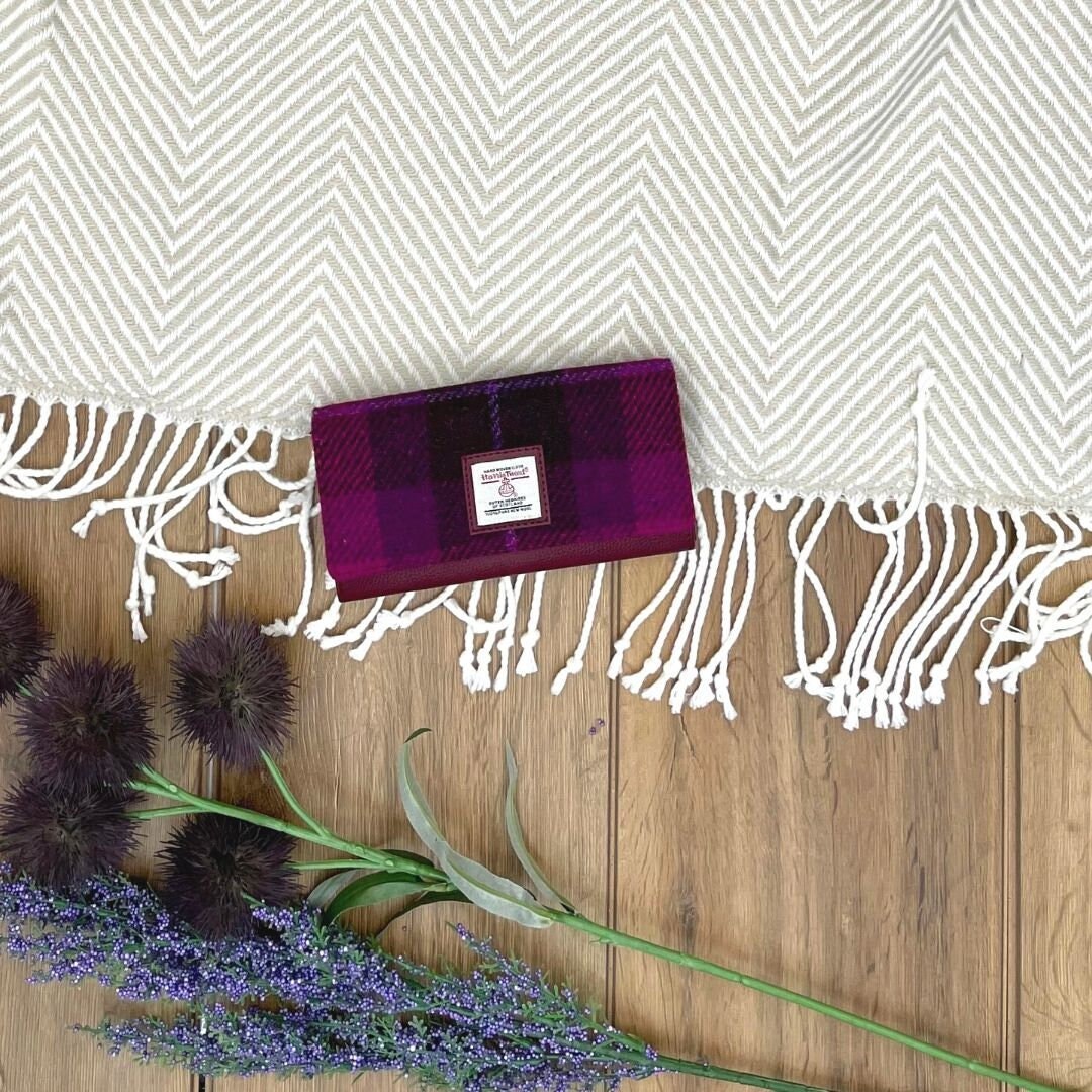 Cloth Wallet Women in Purple Check Harris Tweed - Ladies Purse / Slim ...