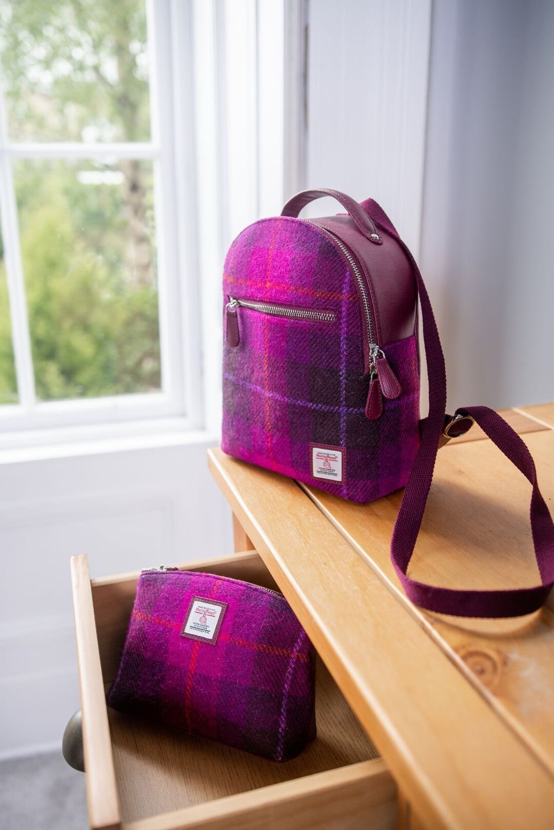 Mini Backpack Purse in Purple Check Harris Tweed / Small Backpack Purse ...