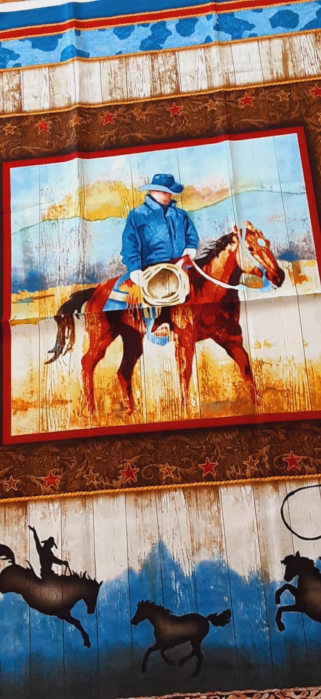 Cowboy Fabric Panel, Sunset Rodeo Cowboy. Western, Country, Yellowstone ...