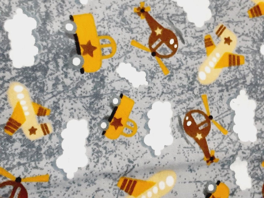 Helicopter and Planes Print, 1 Metre Flannelette by Abbey, Grey Cotton ...
